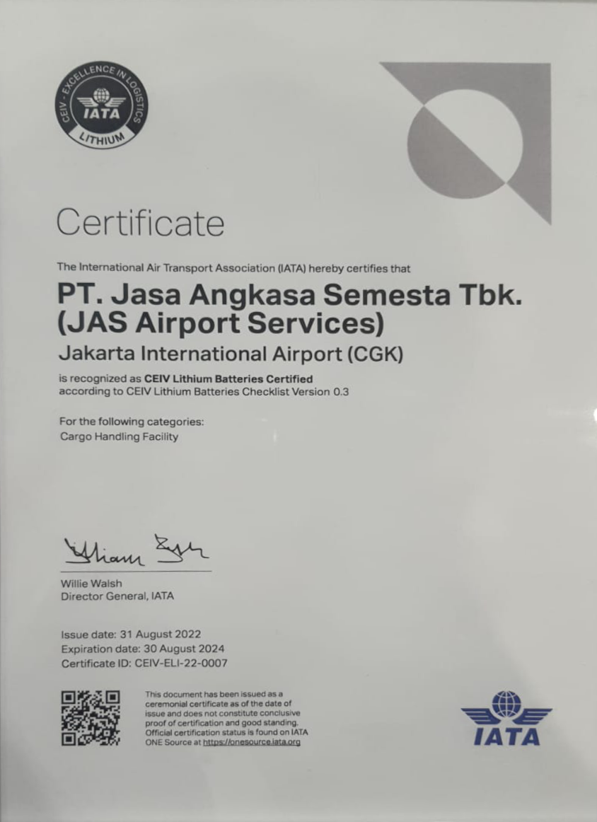 JAS AIRPORT SERVICES RAIH SERTIFIKASI BATERAI LITHIUM CEIV DARI IATA DI LONDON – PT. Jasa ...